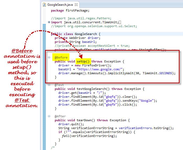 Before Annotation Used In Selenium Webdriver Software Testing Class